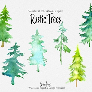 Christmas Clip Art: "rustic Trees" Hand Painted Watercolor Trees, 6 ...
