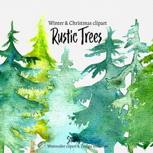 Christmas Clip Art: "rustic Trees" Hand Painted Watercolor Trees, 6 ...