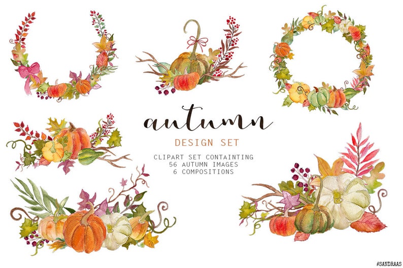 Clipart: "autumn" Hand Painted Watercolor Fall Leaves and Pumpkins, 62 ...