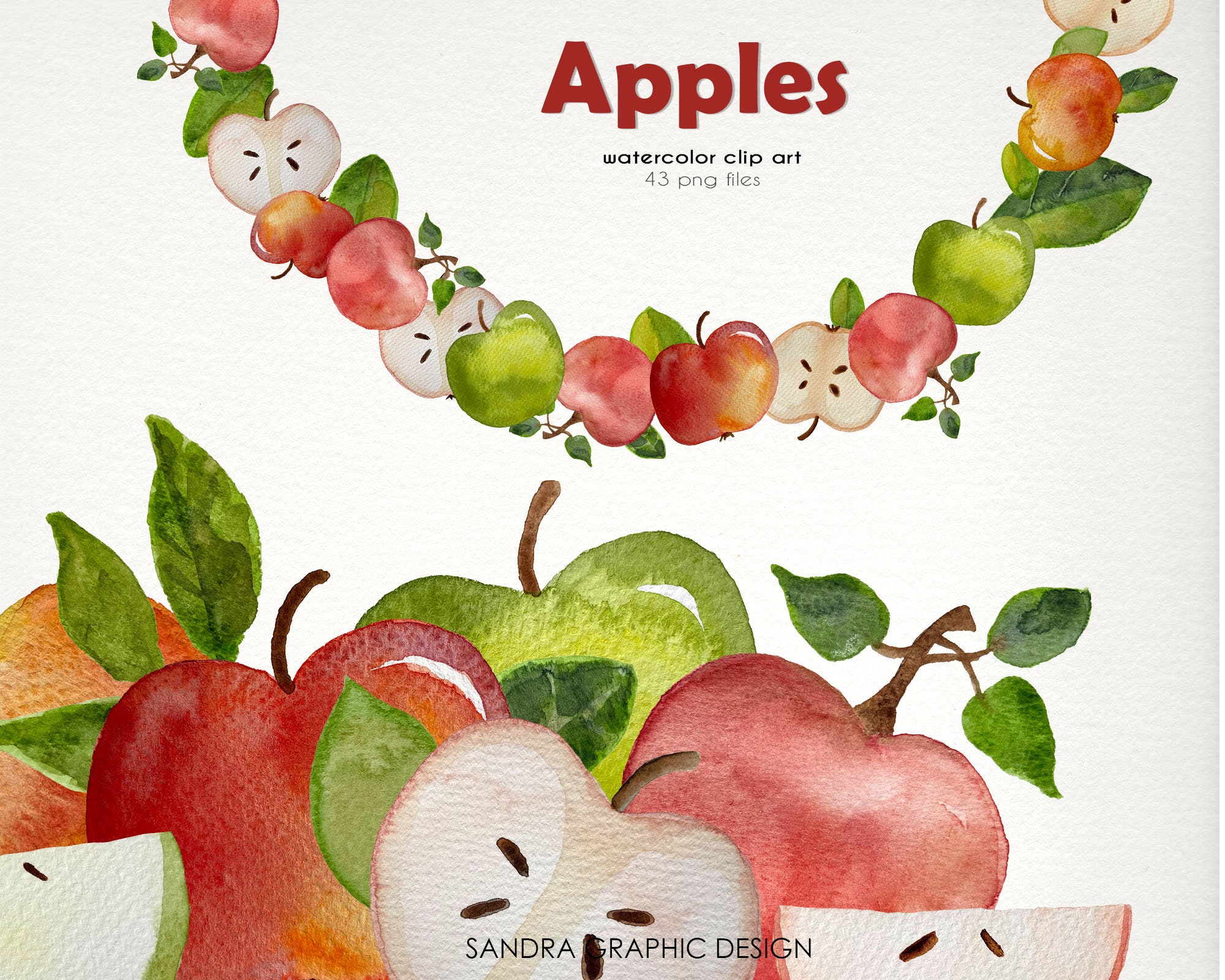Clipart: "apples" Hand Painted Watercolor Apples, Autumn Themed, 43 ...