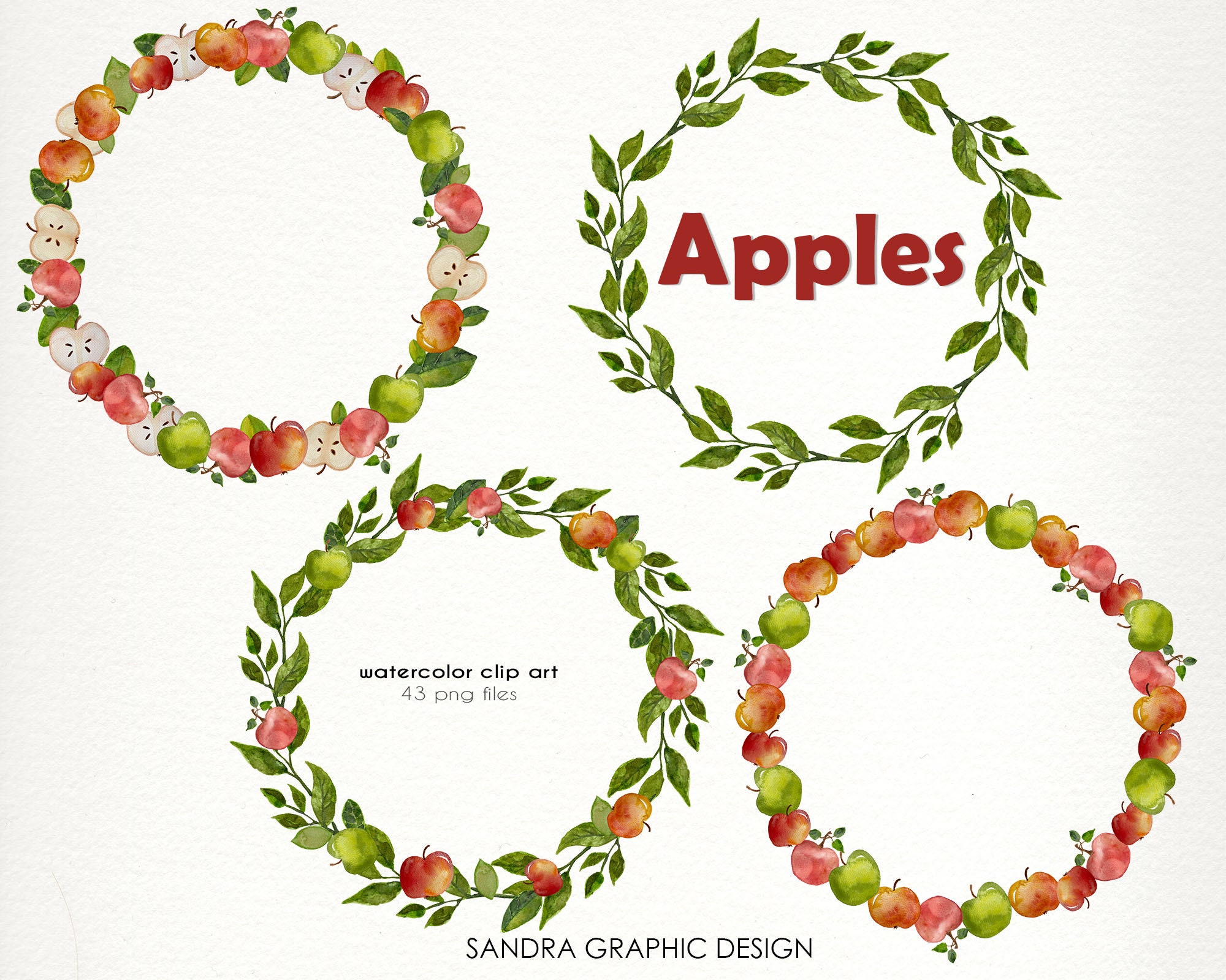 Clipart: "apples" Hand Painted Watercolor Apples, Autumn Themed, 43 ...