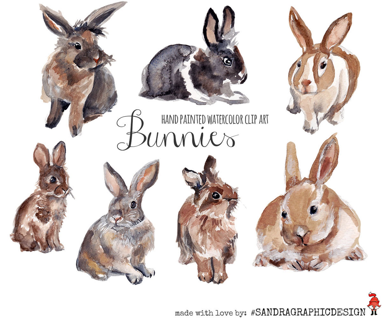Bunnies Clip Art, Watercolor Bunnies Painted by Hand, Rabbits Clip Art ...