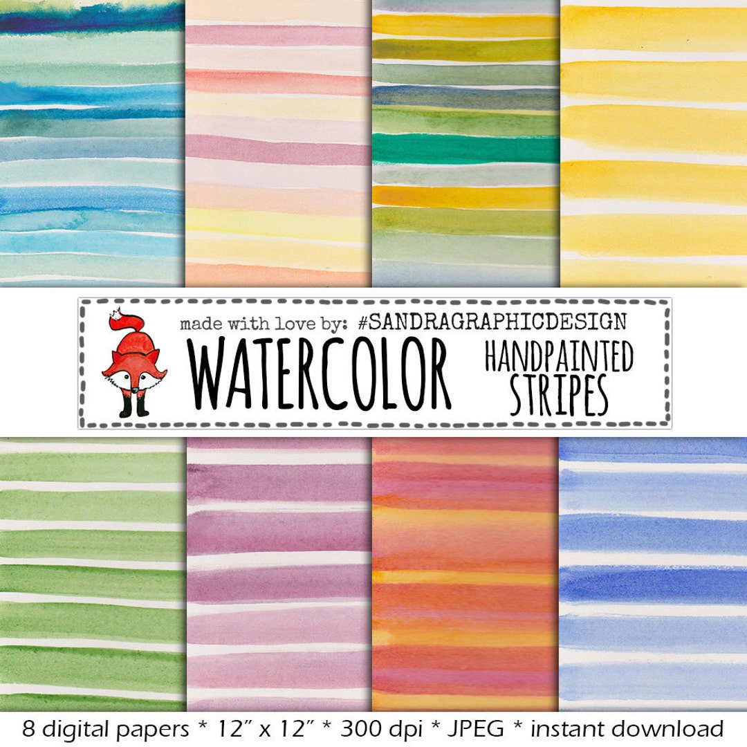 Watercolor Digital Paper: "watercolor STRIPES Paper" With Hand Painted ...