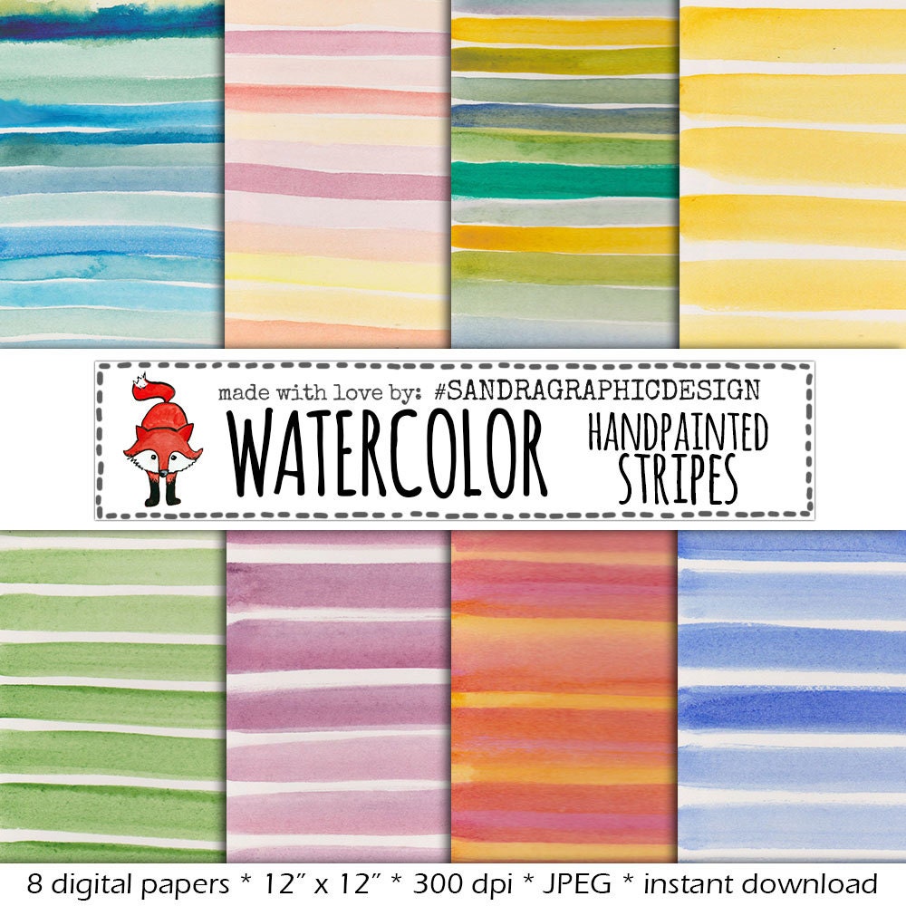 Watercolor Digital Paper: "watercolor STRIPES Paper" With Hand Painted ...