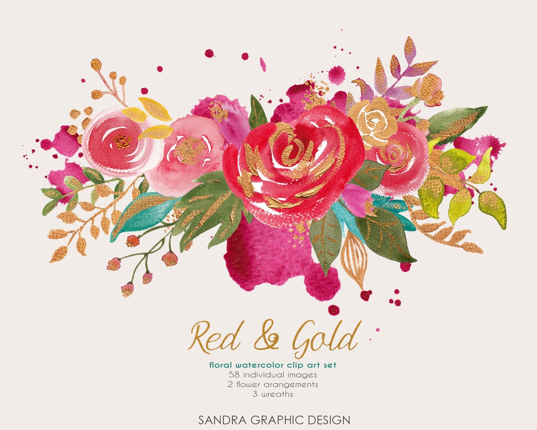 Floral Watercolor Clip Art Red and Gold - Etsy