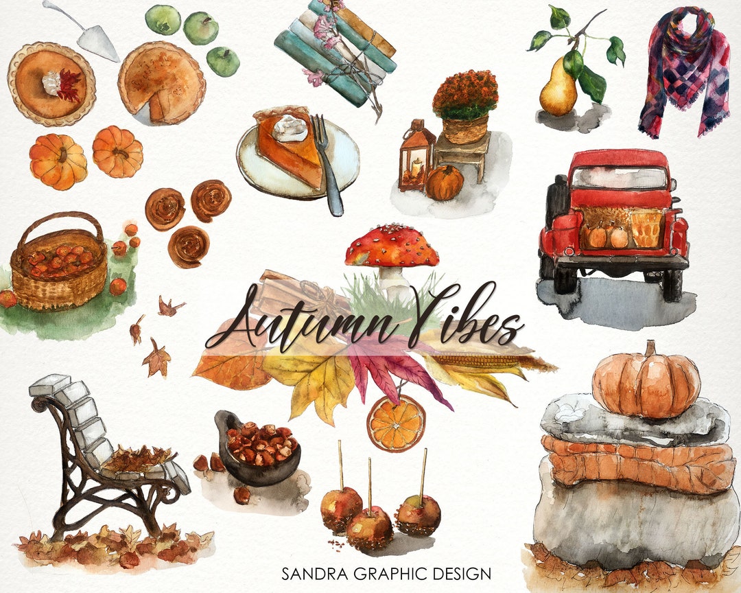 Clipart: "autumn Vibes" Hand Painted Watercolor Fall Images, 25 Clipart ...