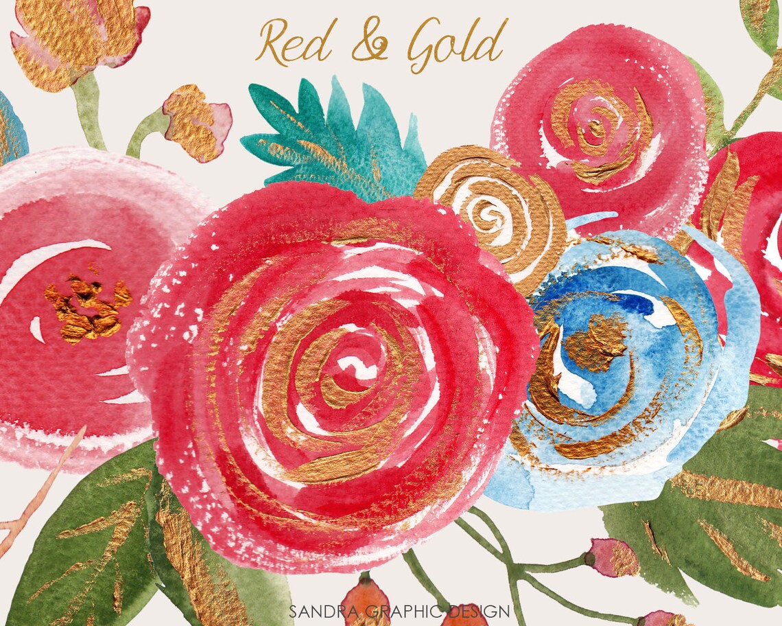 Floral Watercolor Clip Art Red and Gold - Etsy