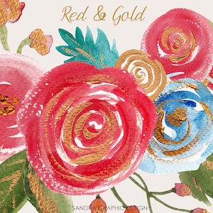 Floral Watercolor Clip Art Red and Gold - Etsy