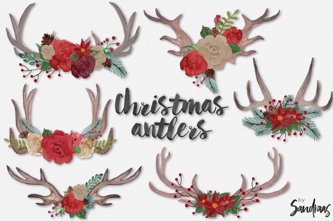 Watercolor Christmas Antlers Clipart Set – Floral Deer Antlers PNG ...