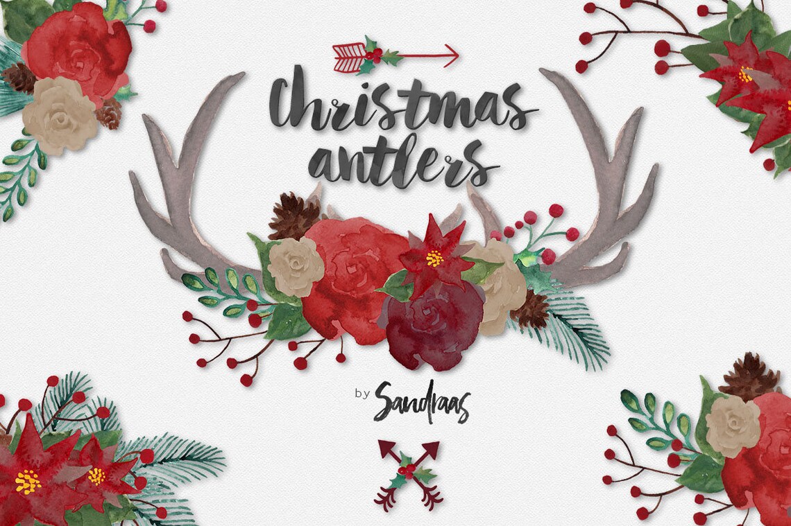 Watercolor Christmas Antlers Clipart Set – Floral Deer Antlers PNG ...