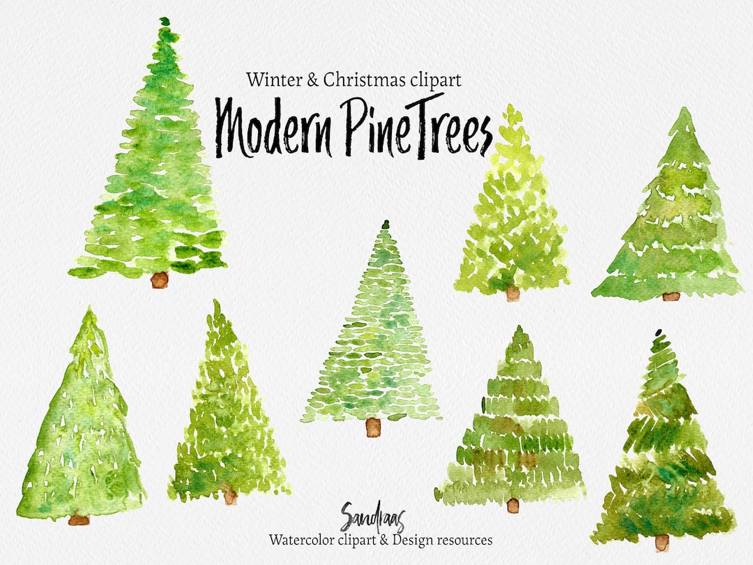 Christmas Clip Art: "modern Trees" Hand Painted Watercolor Trees, 8 ...