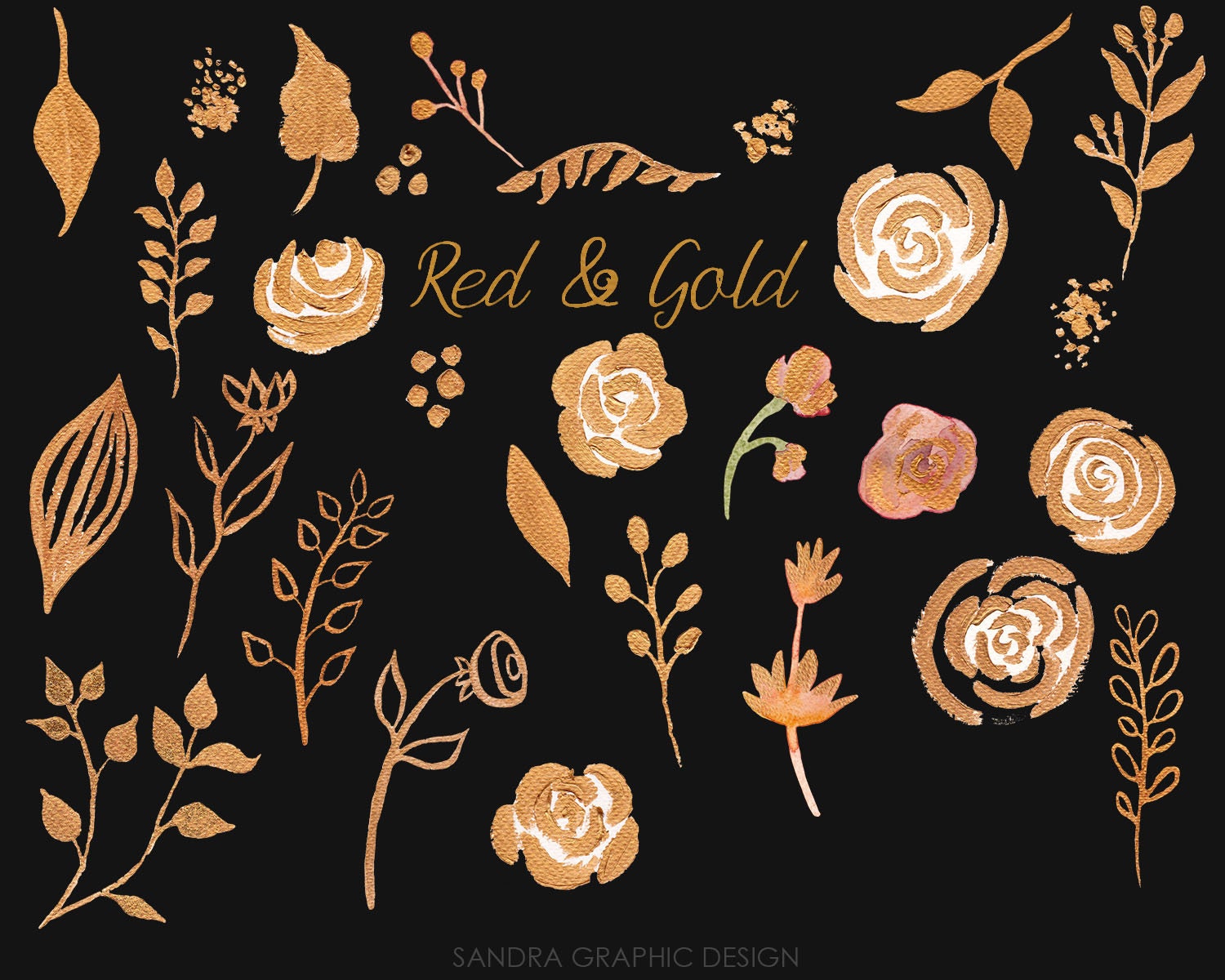 Floral Watercolor Clip Art Red and Gold | Etsy