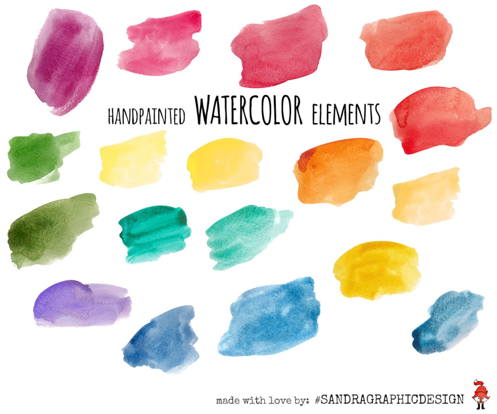 Clip Art Set: watercolor Strokes With 16 Paint Smutches Clipart, 300 ...