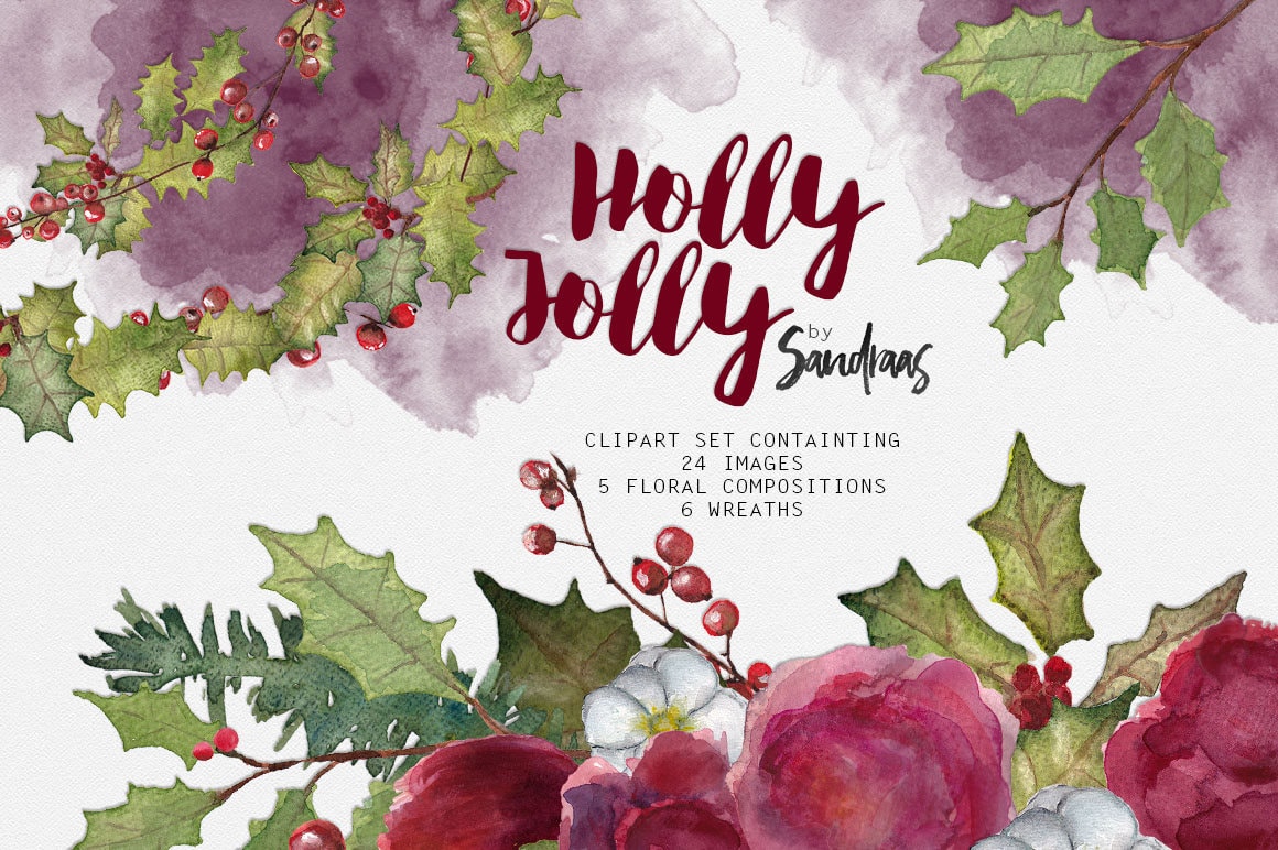 Christmas Clip Art: "holly Jolly", With High Quality, Hand Painted ...
