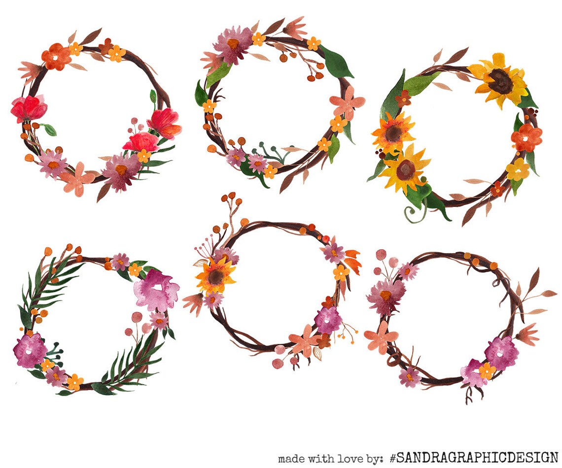 Flower Wreaths Clip Art Hand Painted Watercolor Clip Art | Etsy
