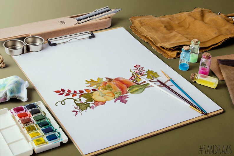 Clipart: "autumn" Hand Painted Watercolor Fall Leaves and Pumpkins, 62 ...