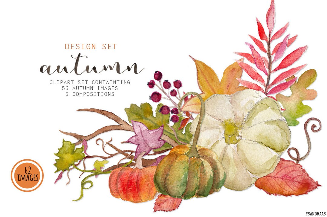 Clipart: "autumn" Hand Painted Watercolor Fall Leaves and Pumpkins, 62 ...