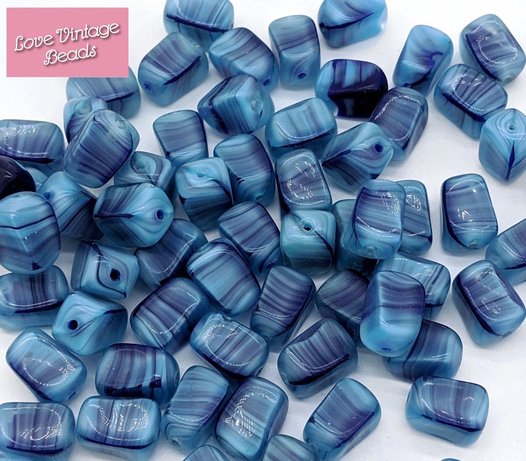 6x Blue Glass Beads 12mm, Stripy Blue Beads, Vintage Glass Beads, Blue ...