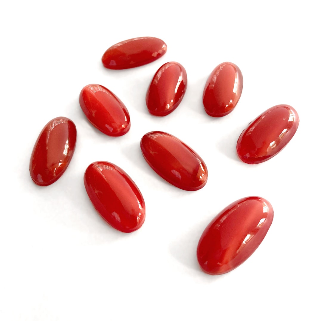 8x Red Cabochons 24mm, Opalescent Glass Cabochon, Red Oval Glass Stones ...