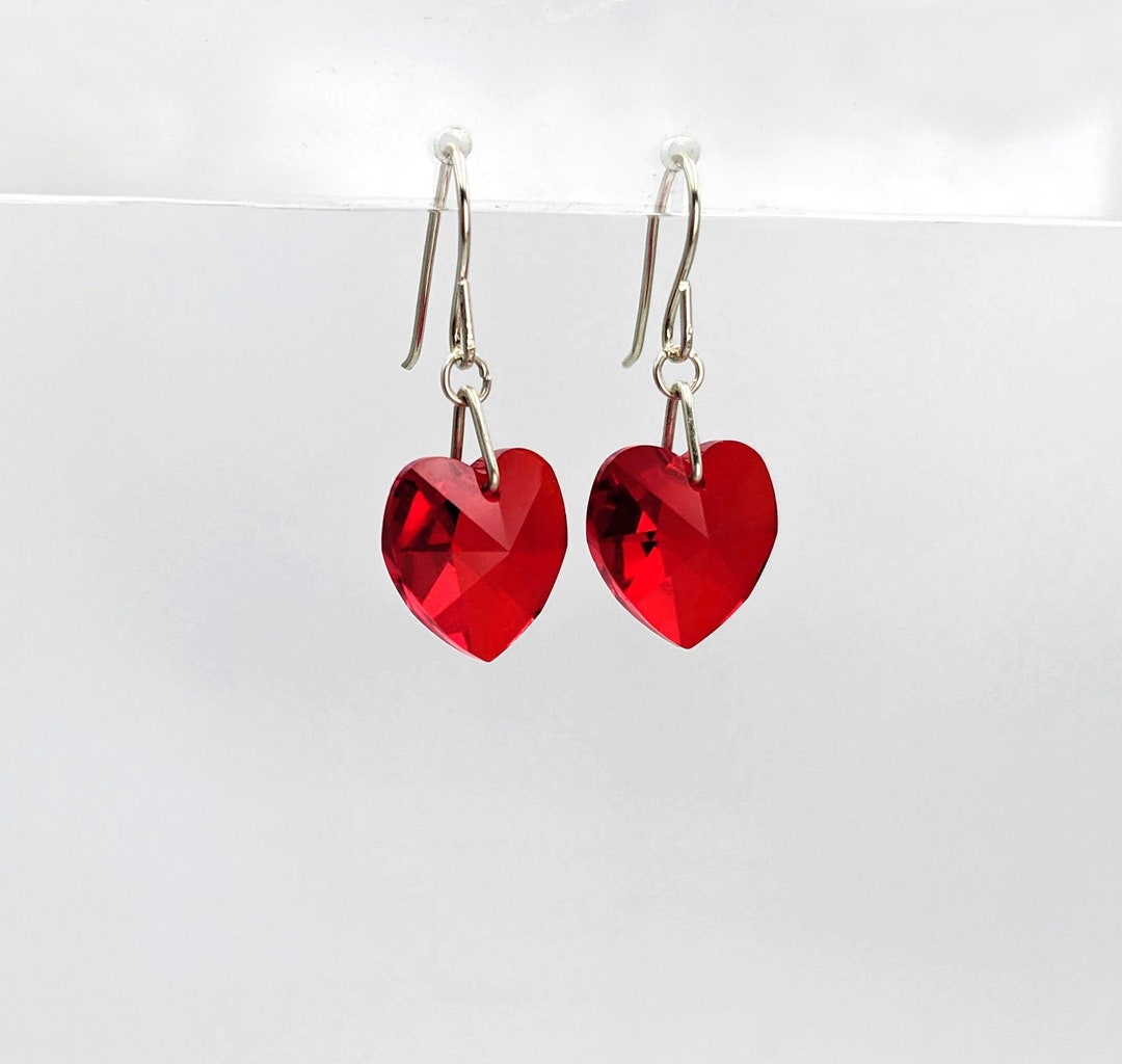 Swarovski Crystal Earrings, Sparkly Red Heart Earrings, Sterling Silver ...
