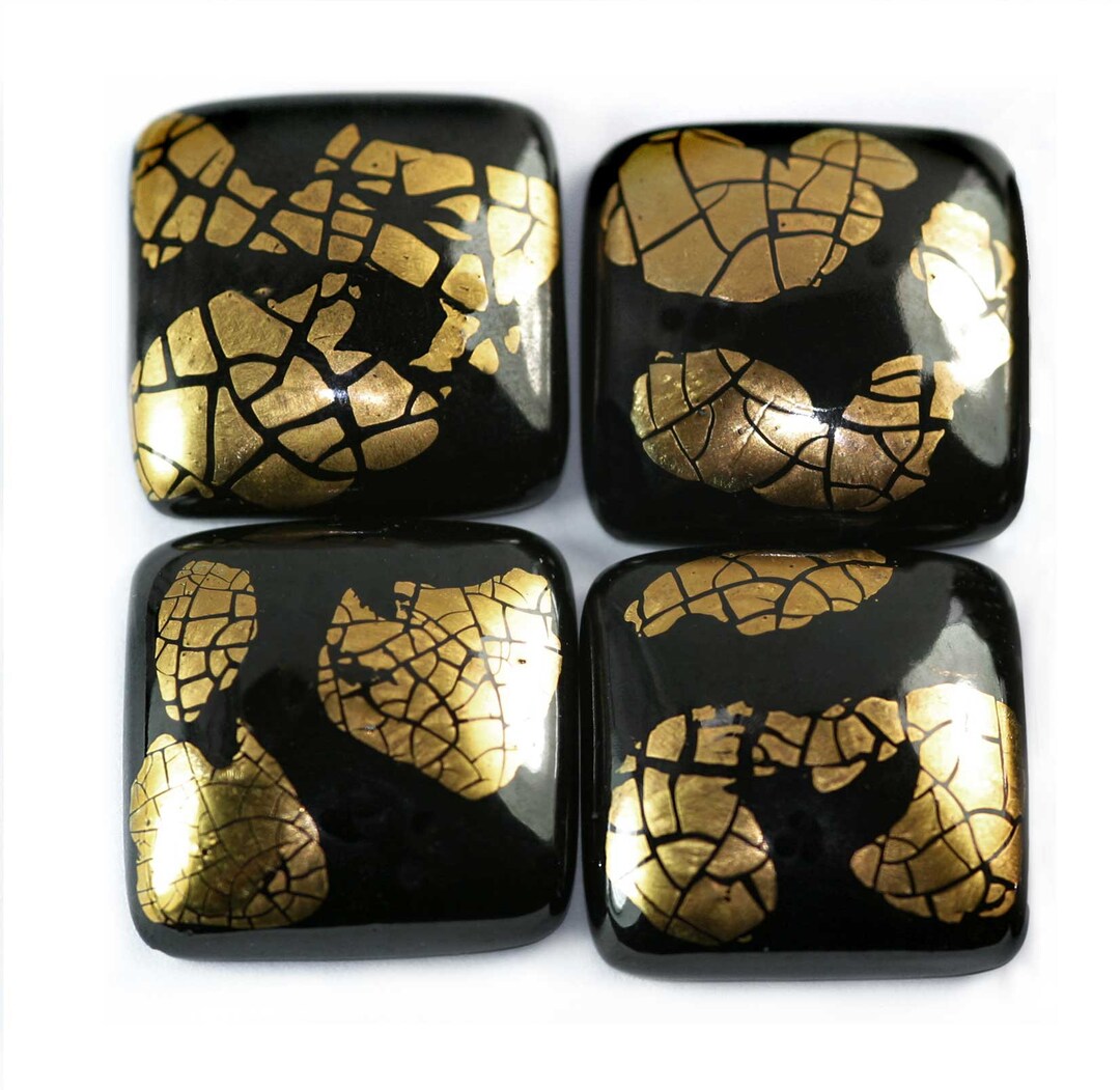 2 X Black & Gold Cabochons, Square Cabochons, Ceramic Cabochons, Square ...