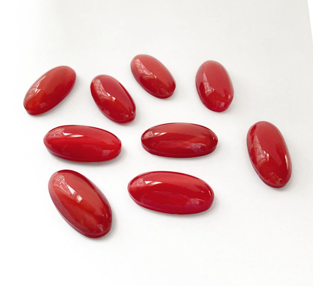 8x Red Cabochons, 24mm Opalescent Glass Cabochons, Red Oval Glass ...