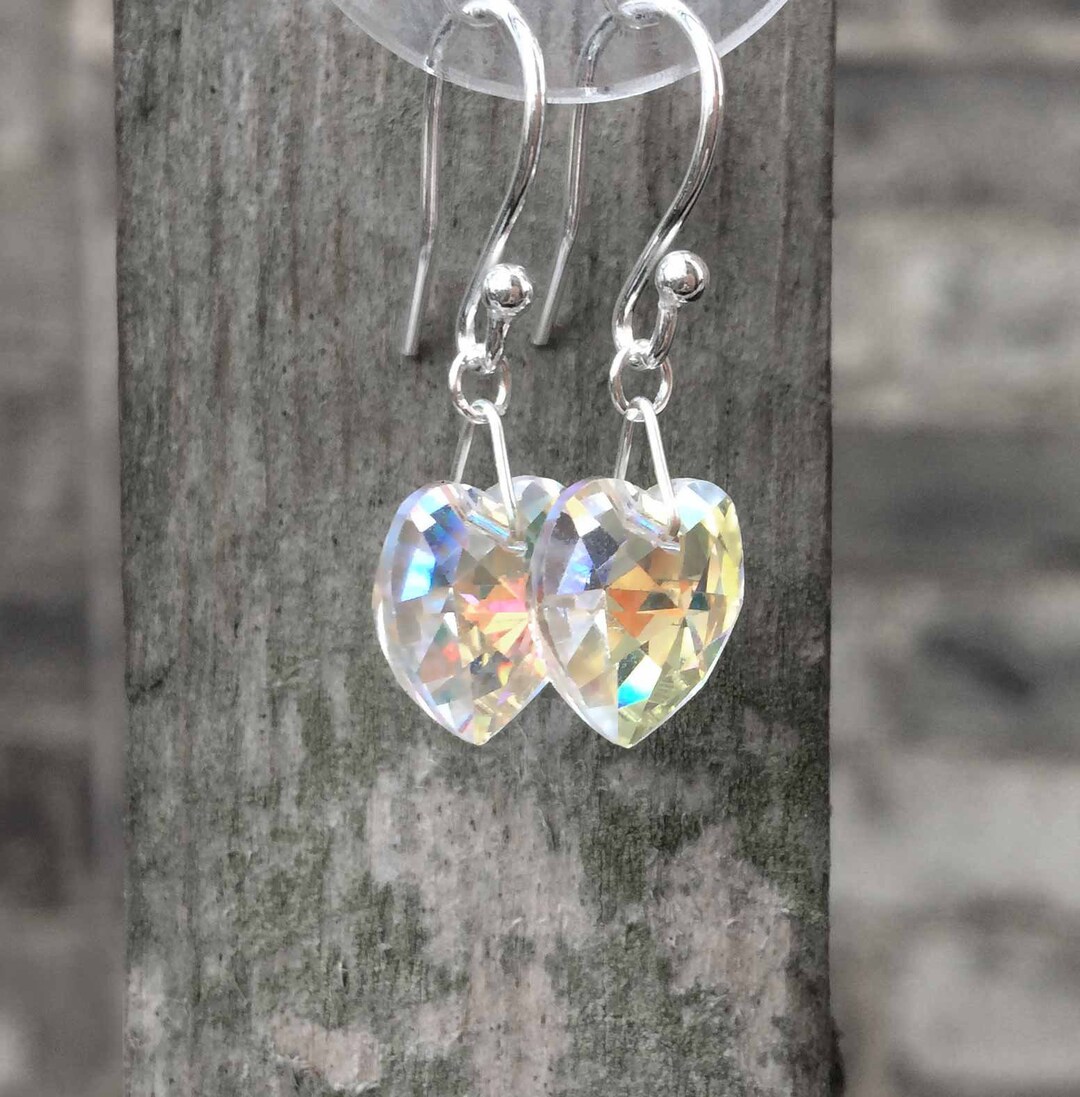 Swarovski Crystal Earrings, Small Heart Earrings, Sterling Silver Dangly Earrings, Crystal AB ...
