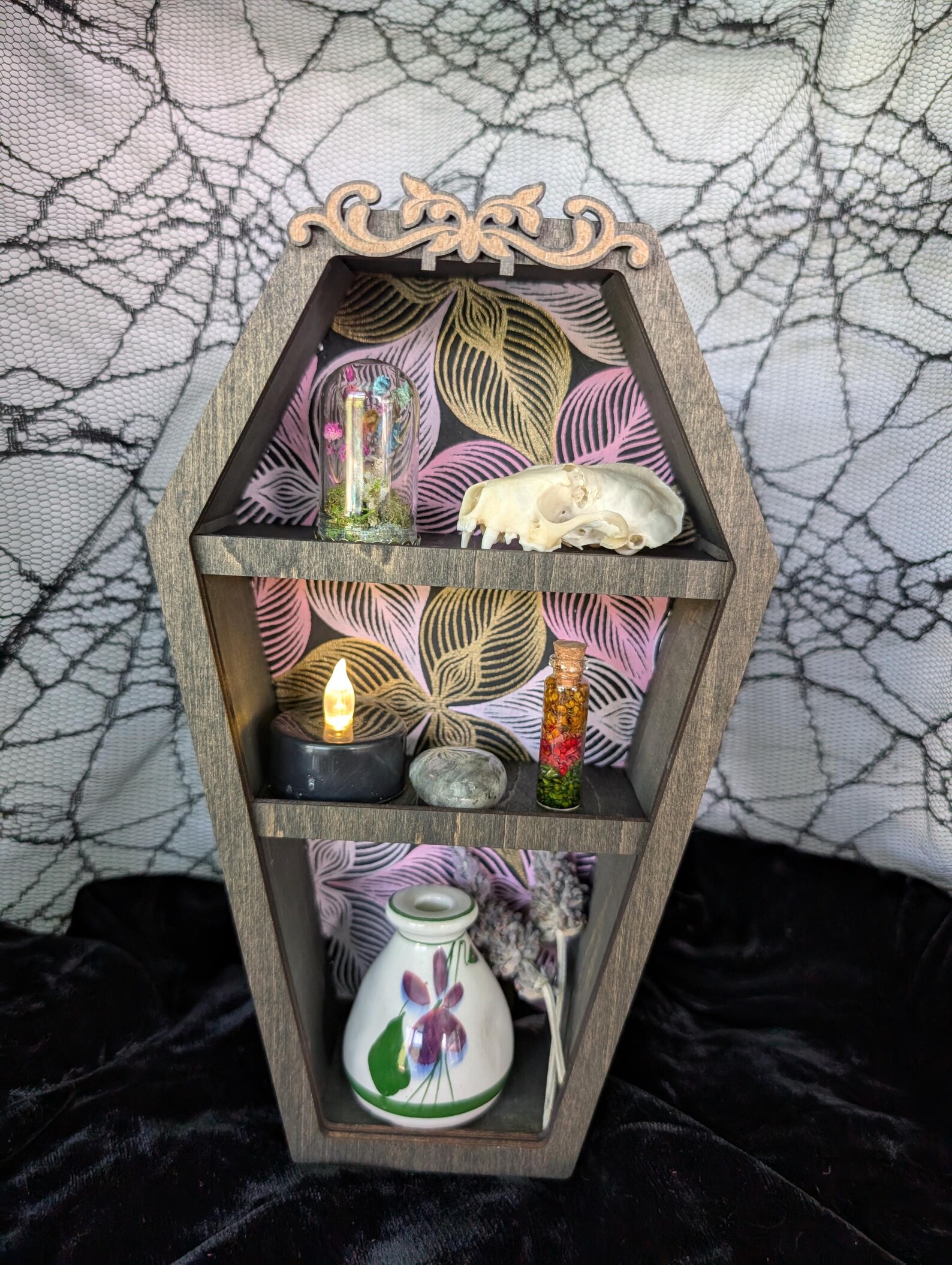 Gothic Coffin Shelf With Engraving - Witchy Wall Display for Crystals ...