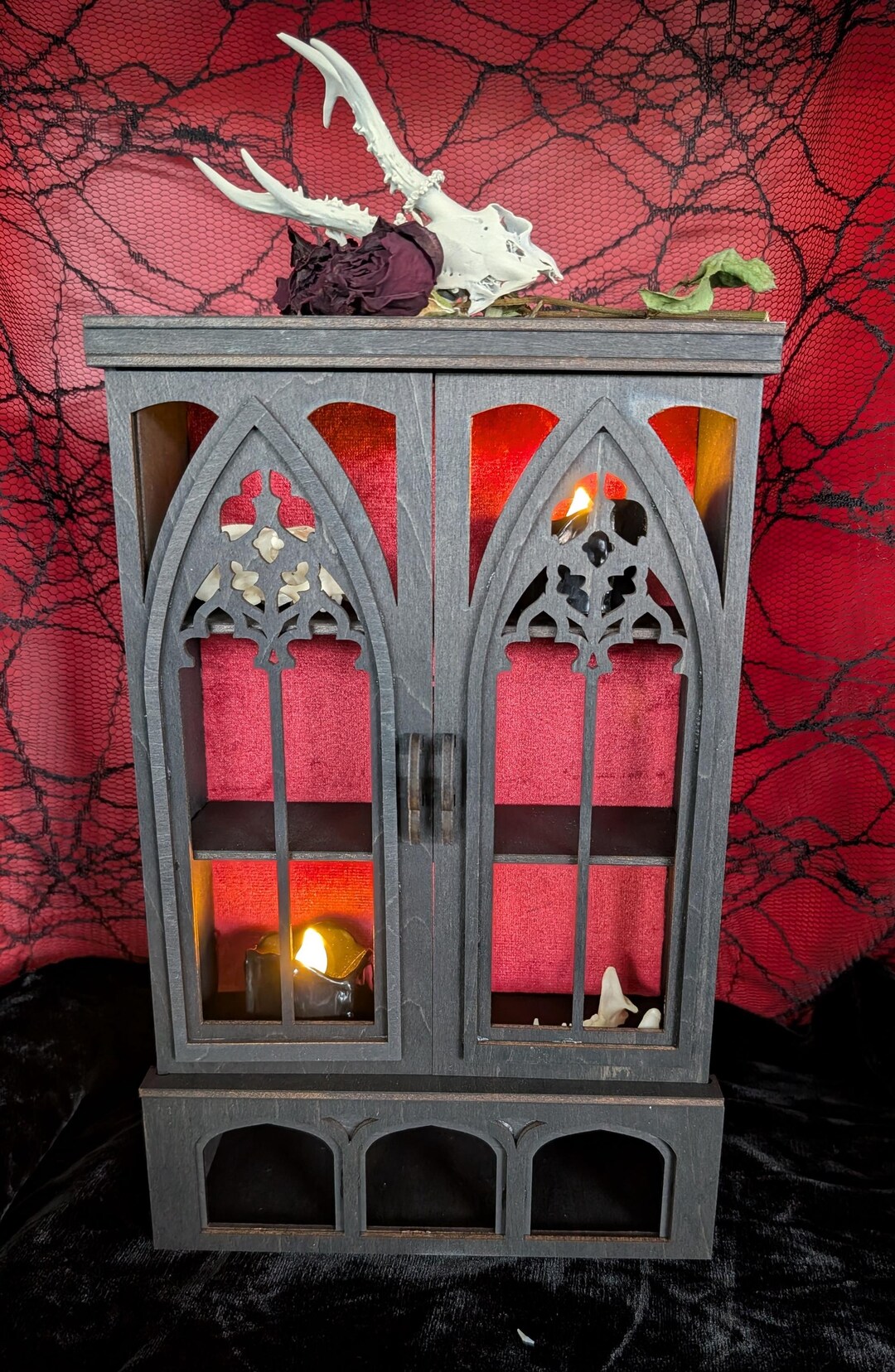 Black Wood and Red Velvet Gothic Curio Cabinet: Vampire Display Shelf ...