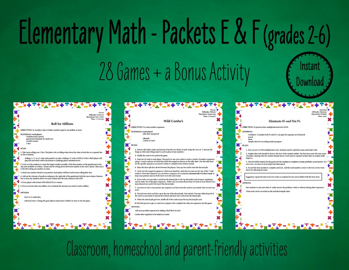 28 Primary Math Games to Practice Basic Math Facts - Packets E & F ...
