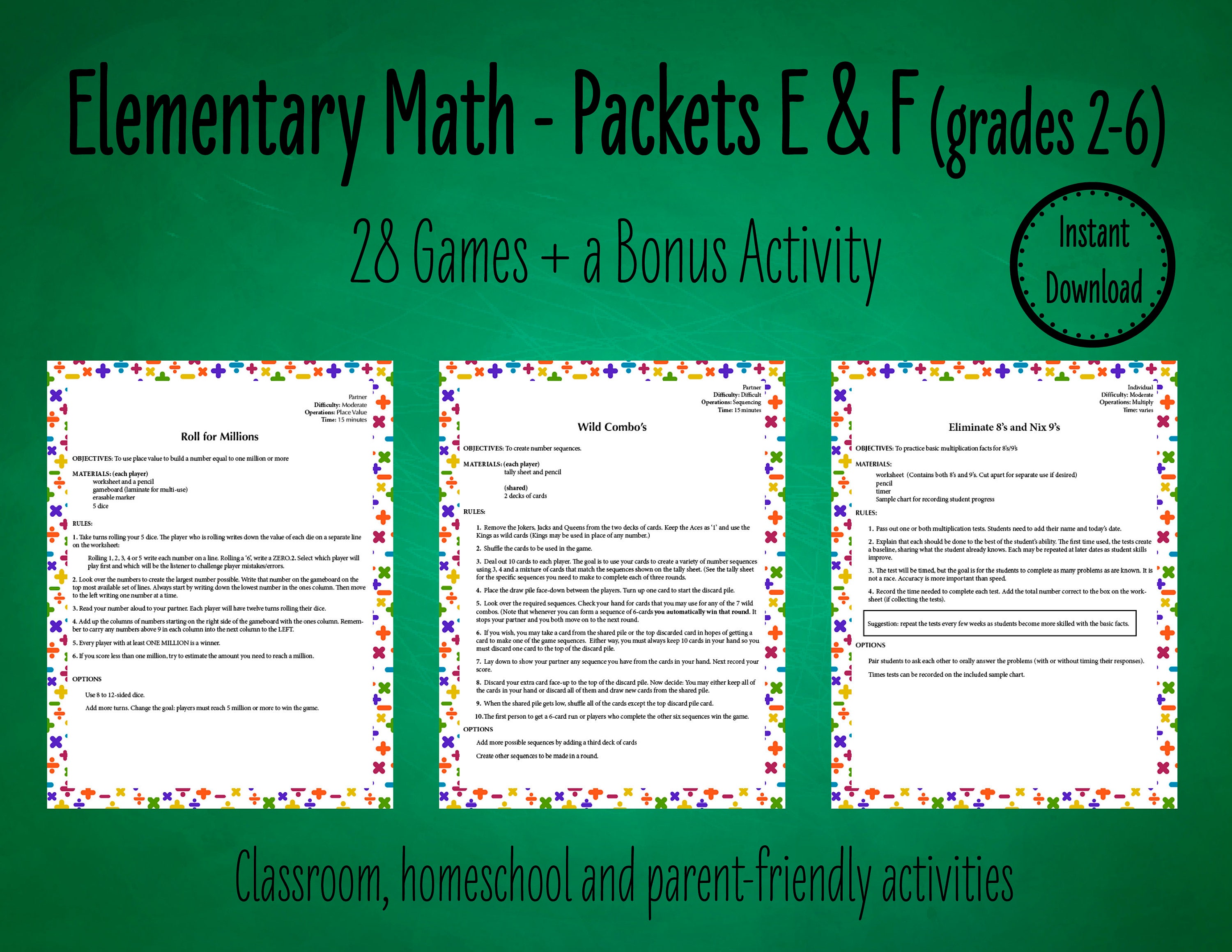 28 Primary Math Games to Practice Basic Math Facts - Packets E & F ...