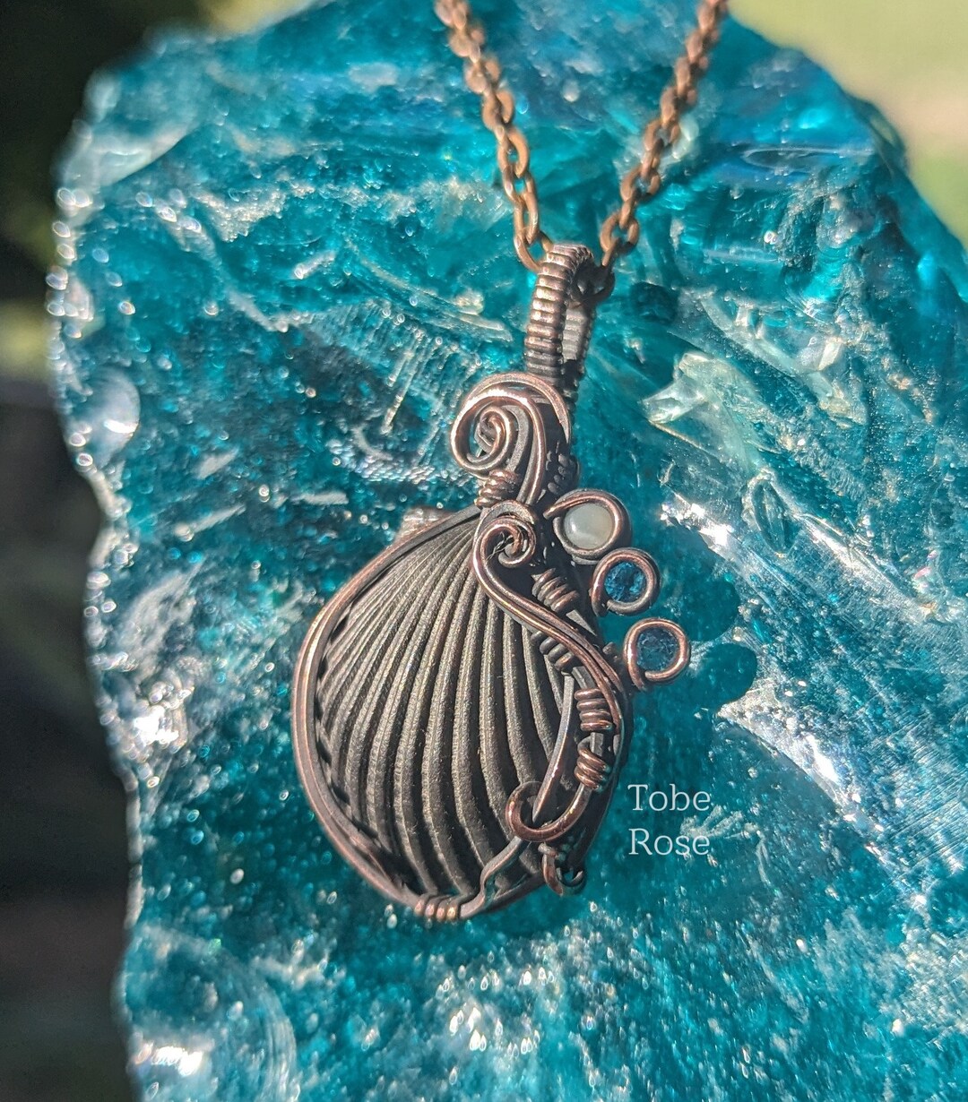 Seashell Moonstone Blue Cubic Zirconia Copper Wire Wrap Pendant - Wire ...