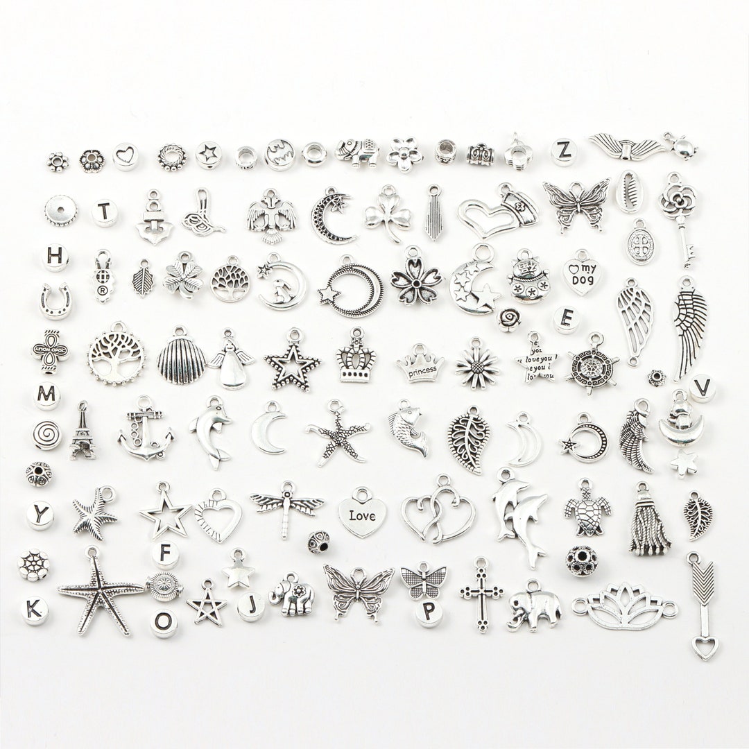 50pcs Antique Silver Charms Pendants Kits, Alloy Silver Pendants Mixed ...