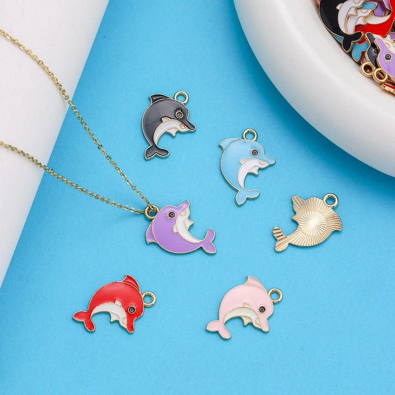 10pcs Enamel Cartoon Dolphin Gold Plated Charm Pendant for DIY Jewelry ...
