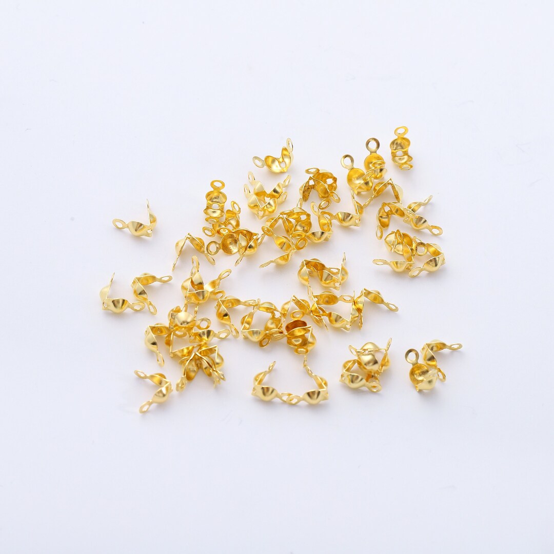 50pcs Gold Plated Clamshell Bead Tips With 2 Rings, Knot Cover (4x8mm ...