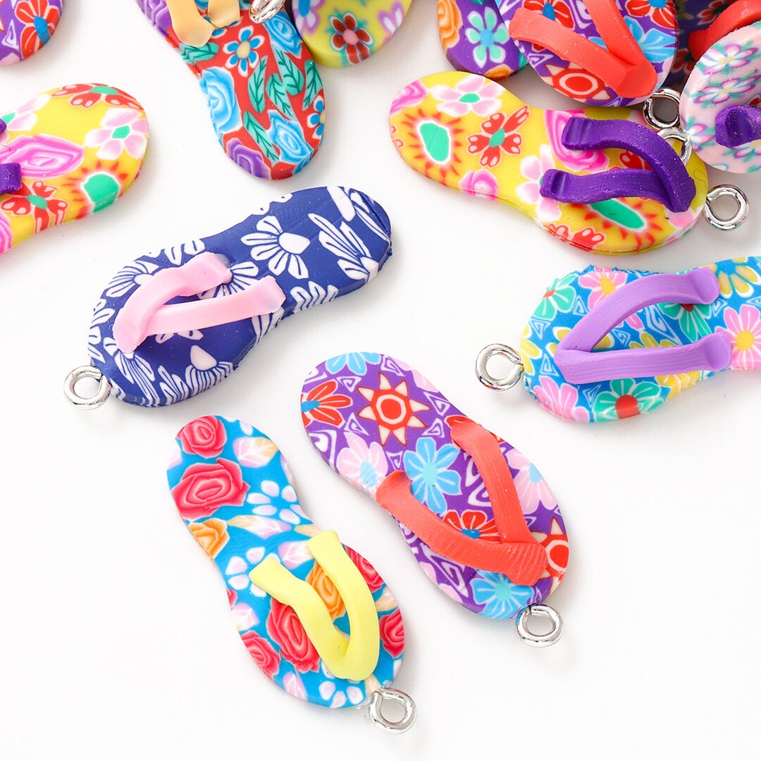 10pcs Polymer Clay Flip Flops Slippers Charm Pendants, Multi-color Cute ...