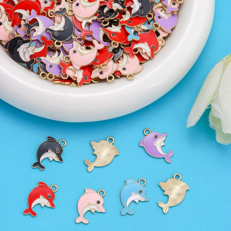 10pcs Enamel Cartoon Dolphin Gold Plated Charm Pendant for DIY Jewelry ...