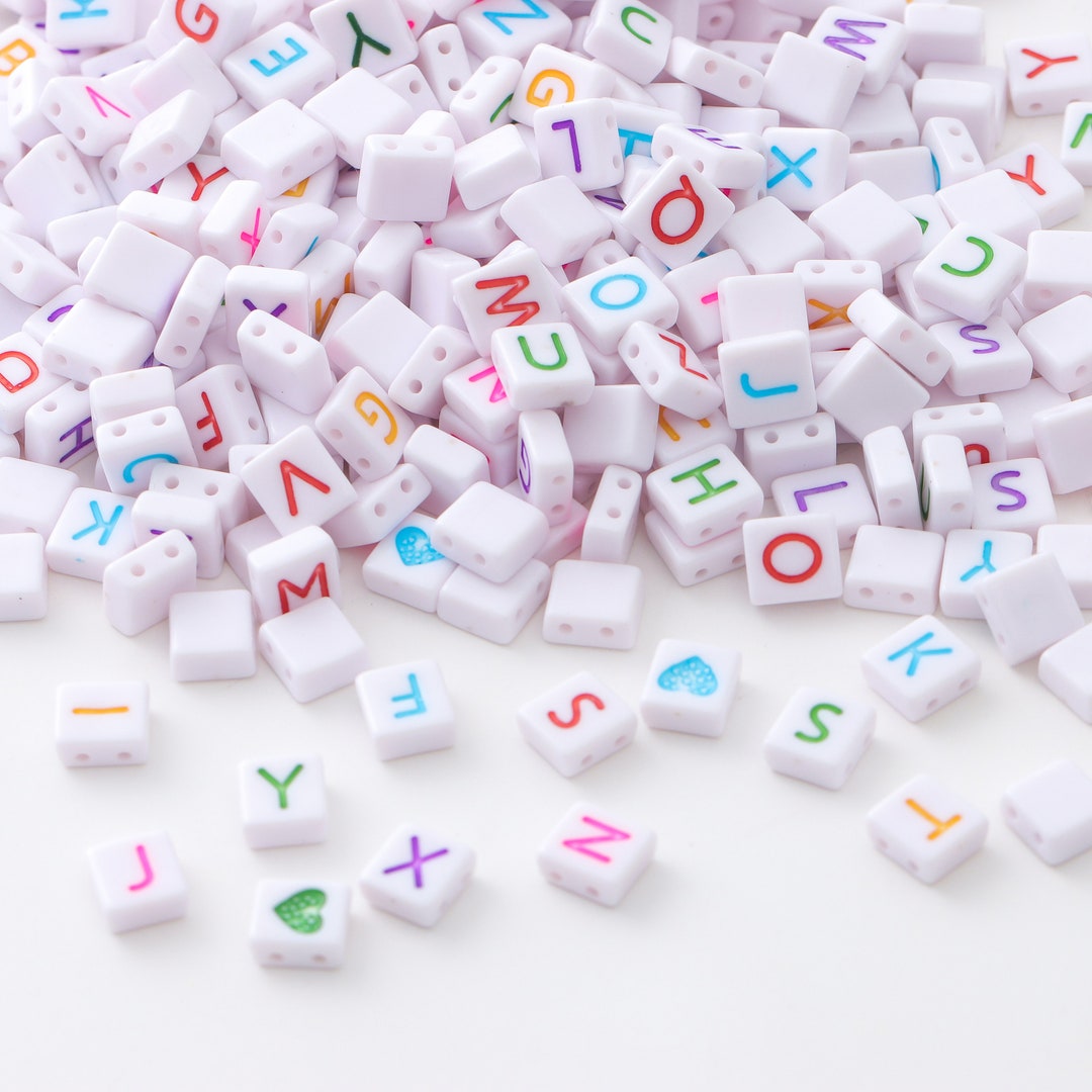 100pcs White Colorful Square Cube Letter Heart Beads, Double Hole Bead ...