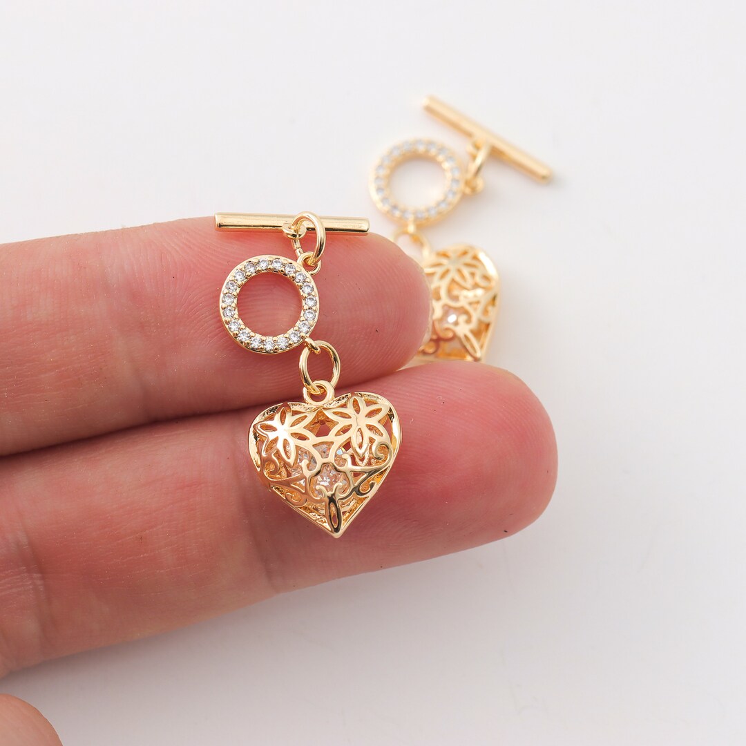 Gold CZ Paved Heart Circle OT Clasps, Cubic Zircon Circle T Bar Clasp ...
