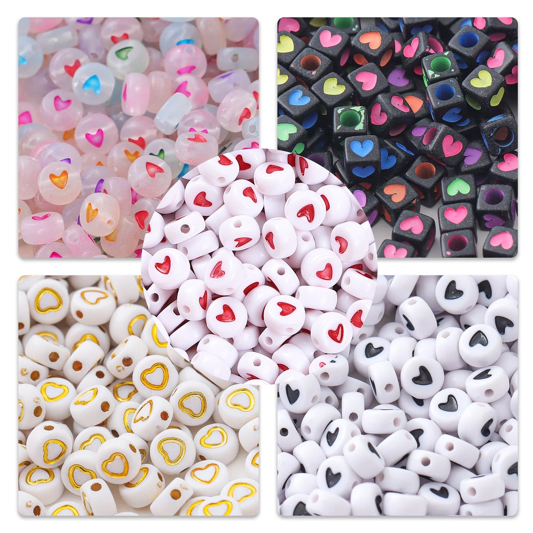 100pcs Round Flat Cube Red Heart Beads, Mixed Colorful Heart Beads Kit ...