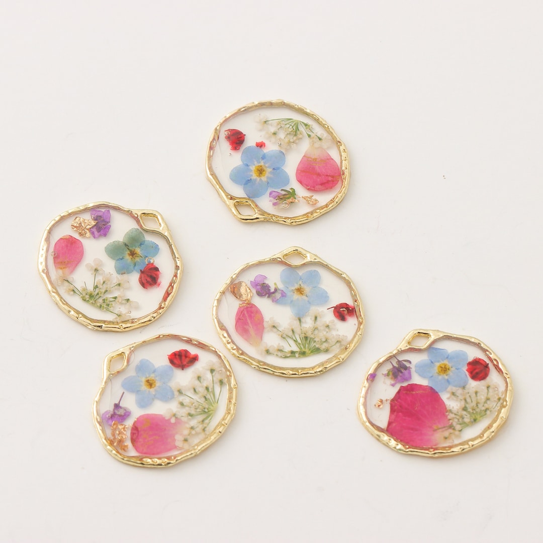 5pcs Gold Irregular Round Pressed Flower Charm Pendant, Dried Natural ...