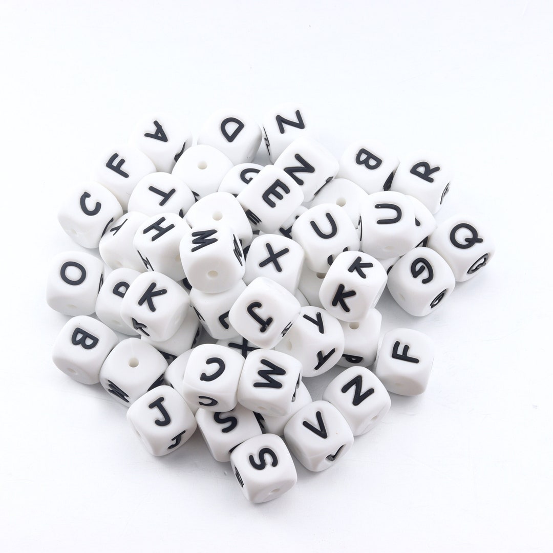 12mm Silicone White Cube Letter Beads Black Writing, Square Individual ...