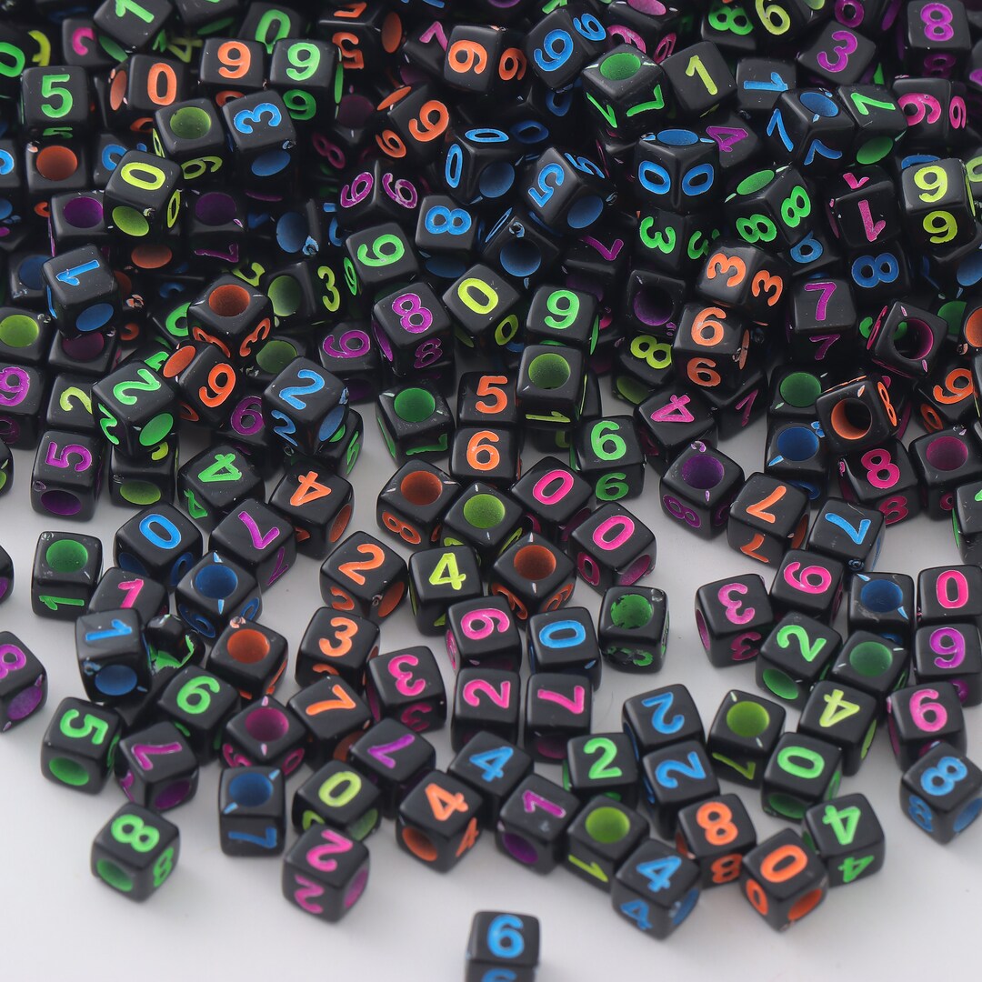 100pcs Square Colorful Black Number Cube Beads, Bright Acrylic Numbers ...