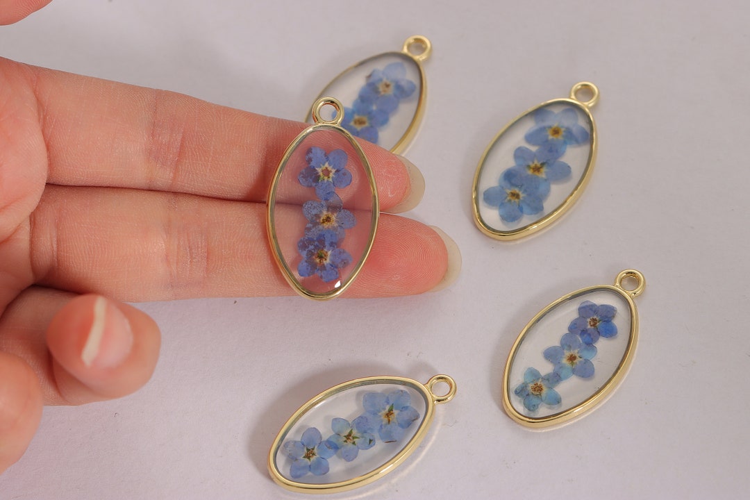 5pcs Gold Oval Pressed Flower Charm Pendant, Dainty Natural Dried Blue ...