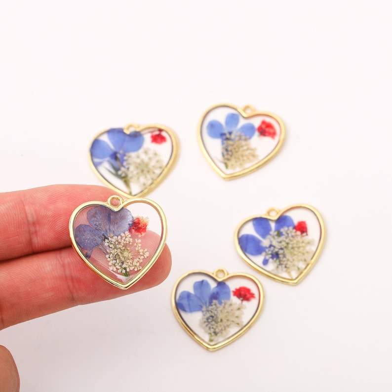 Gold Heart Pressed Flower Charm Pendants: DIY Jewelry Findings (5pcs ...