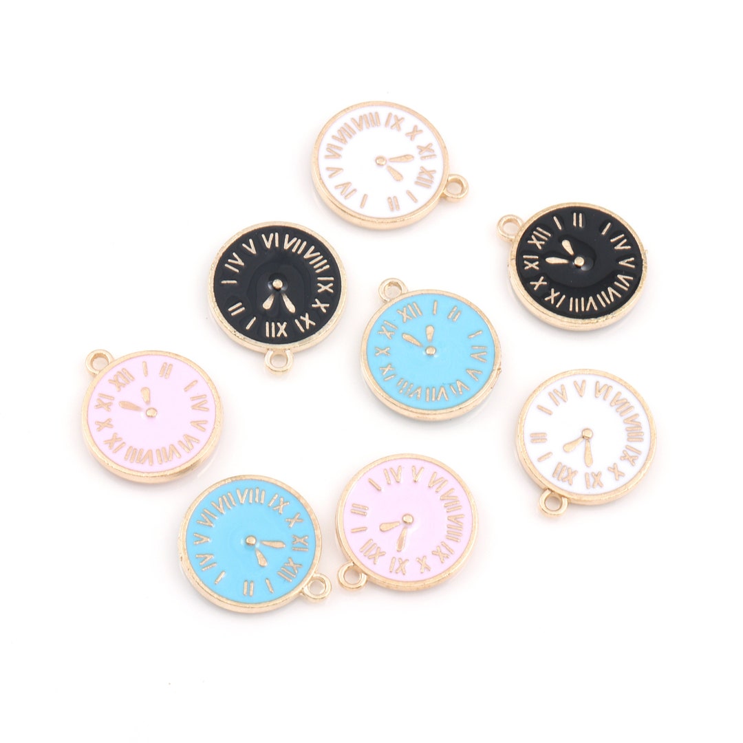 10pcs Enamel Clock Charms, Gold Plated Pendants, Jewelry Making (15mm ...