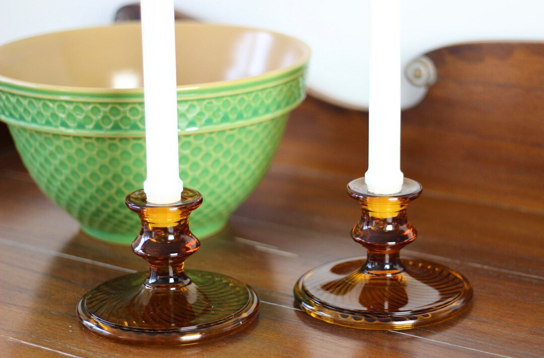Vintage Amber Depression Glass Candlesticks Pair of Candle Holders - Etsy