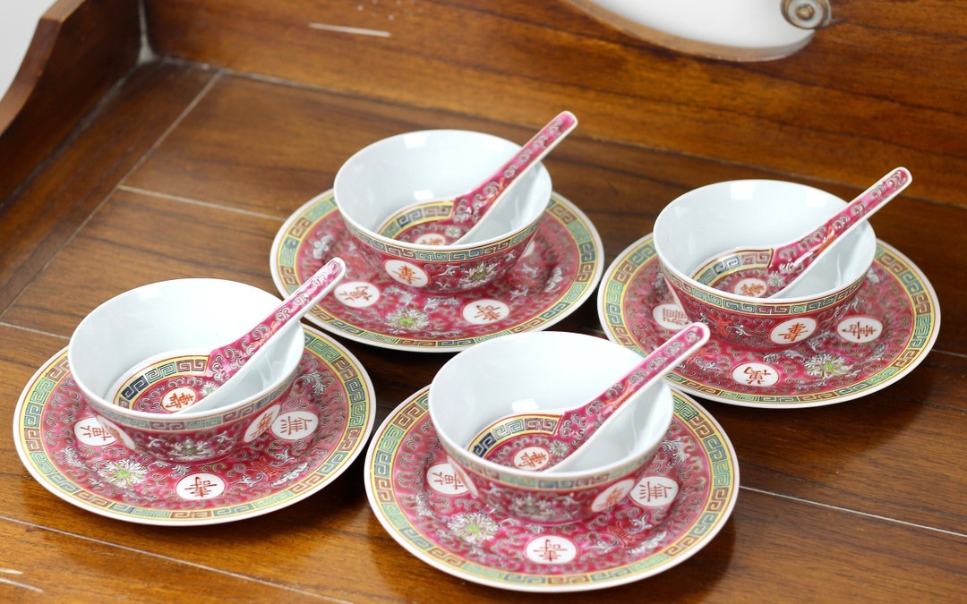 Chinese Mun Shou Porcelain Famille Rose Rice Bowls Spoons Small Plates ...