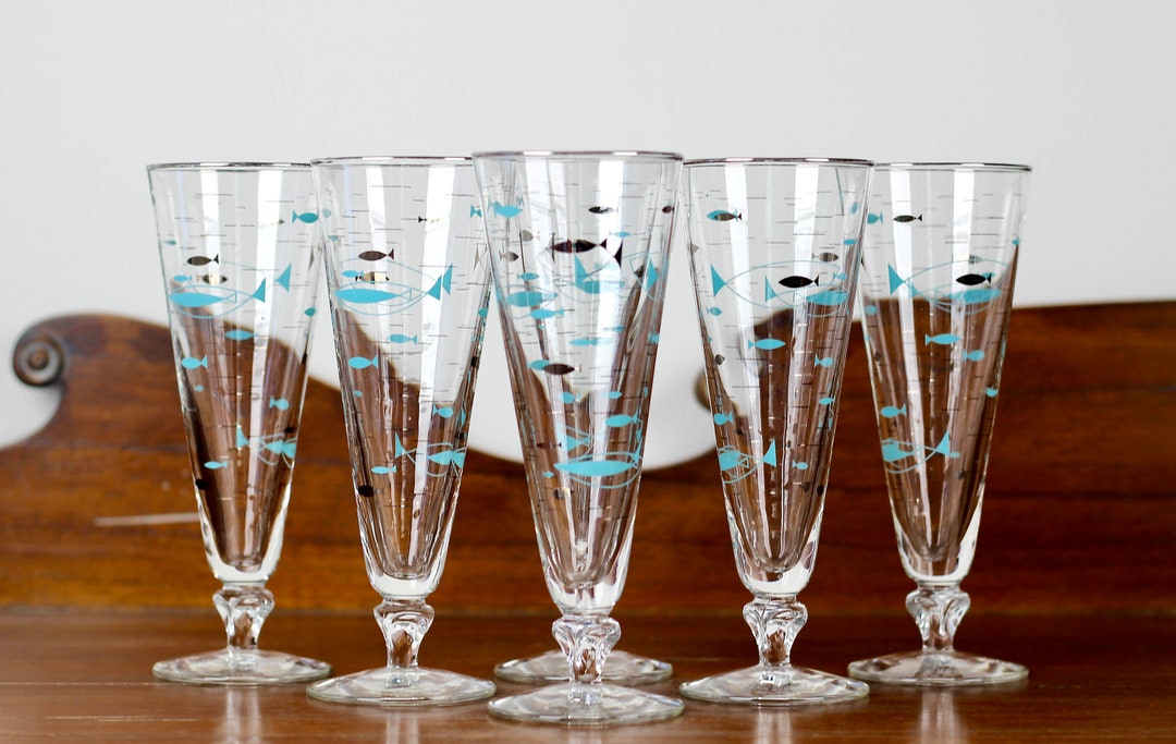 Mid Century Pilsner Glasses Libbey Mediterranean Atomic Fish Barware ...