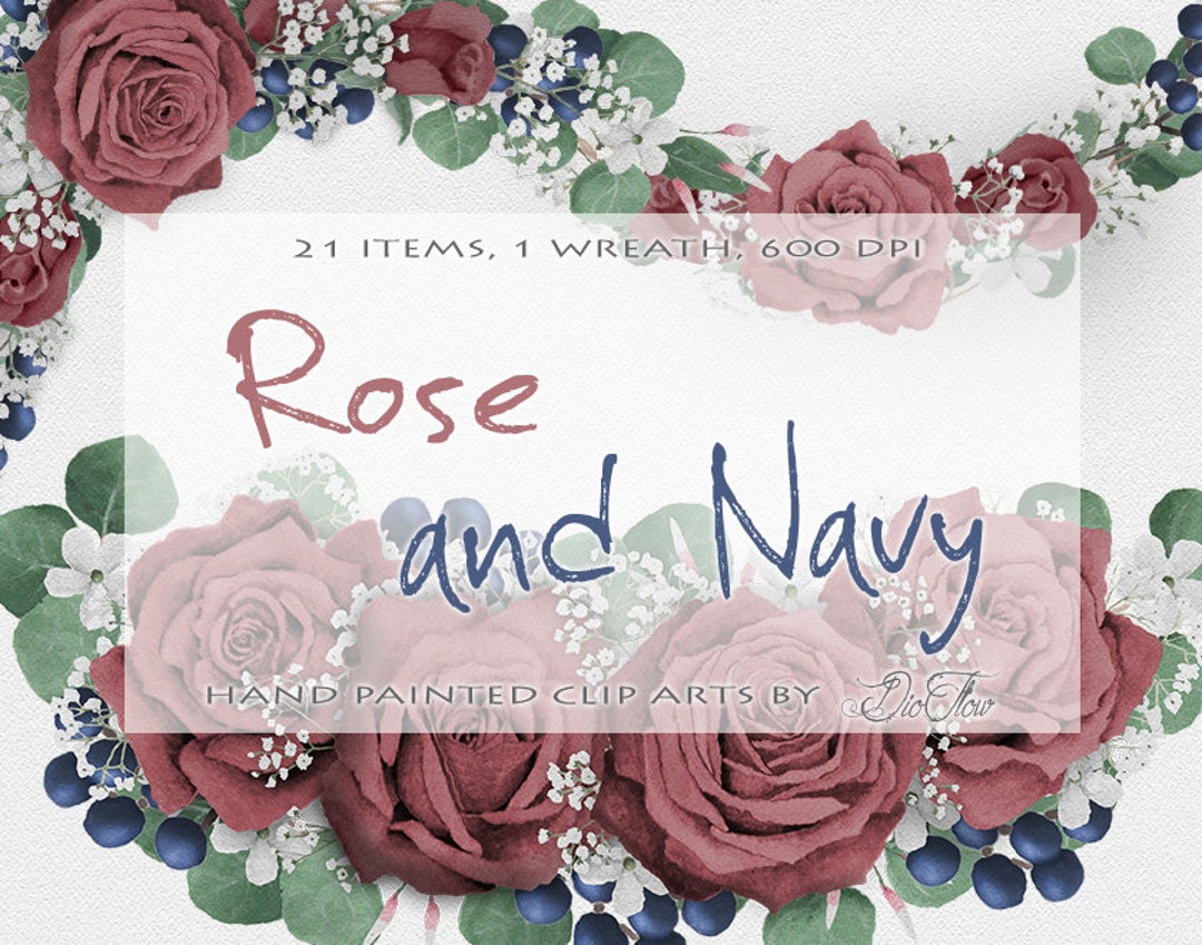 Rose Navy Clipart Blue Clip Art Flowers Watercolor Roses Garland Wreath ...